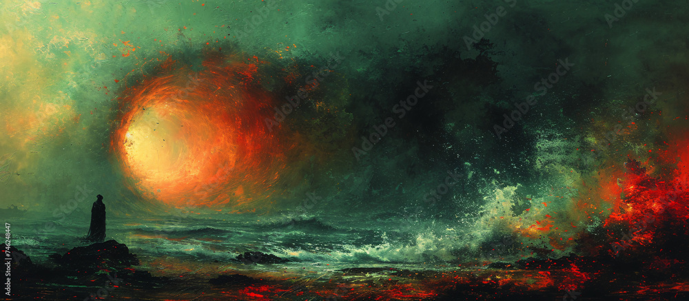 Apocalyptic Landscape: A Lone Figure Beholding the Fiery Ascendance of ...