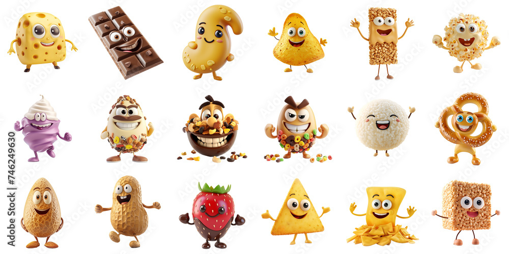 Assorted animated snack food characters with cheerful expressions ...