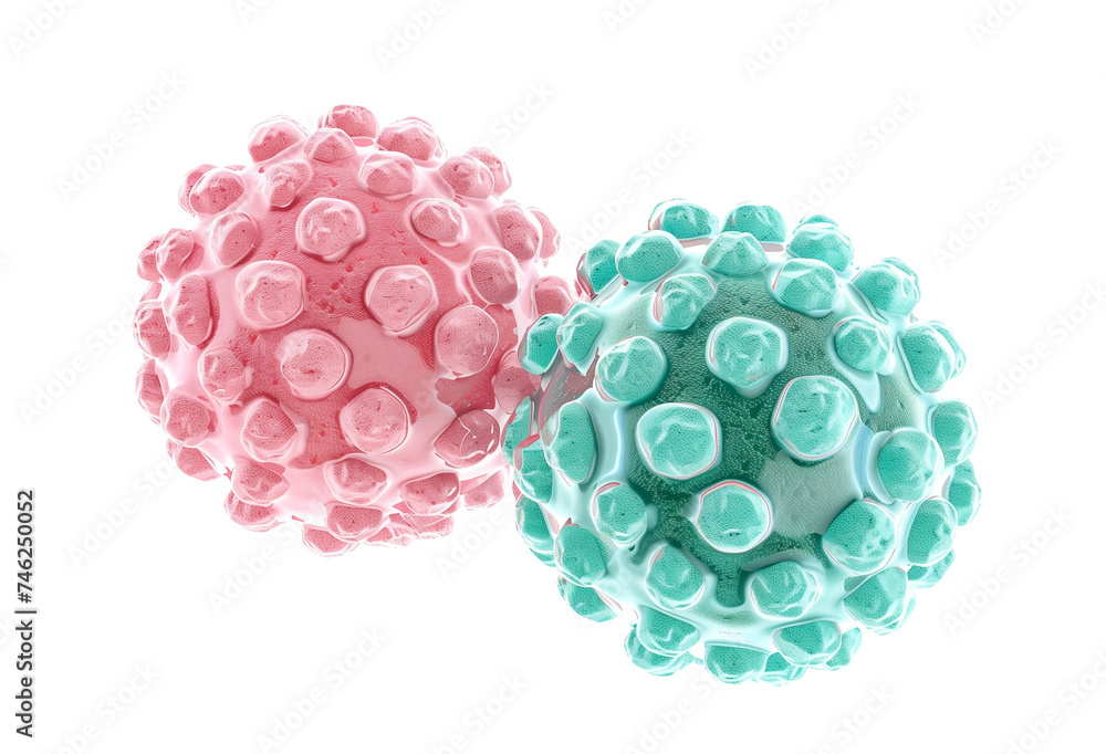 3D rendering of two spherical virus models, one pink and one green ...
