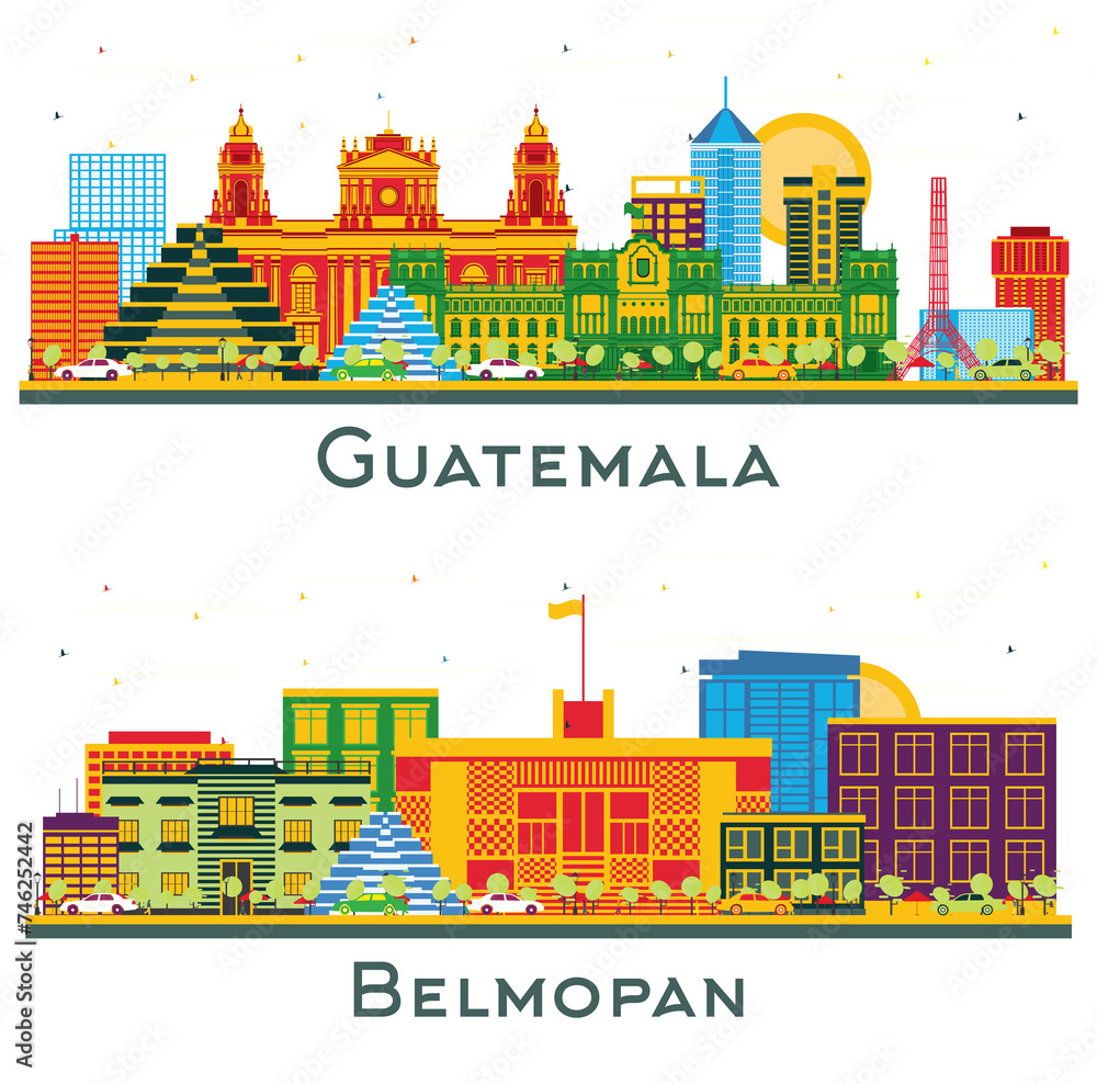 Belmopan Belize and Guatemala city skyline set with Color Buildings ...