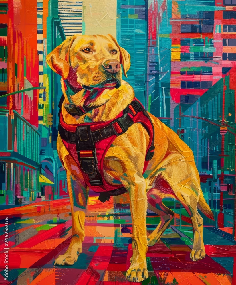 Guide dog leading through a pop art city trusted eyes in a colorful ...