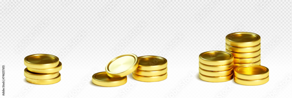 3D stacks of golden coins isolated on transparent background. Vector ...