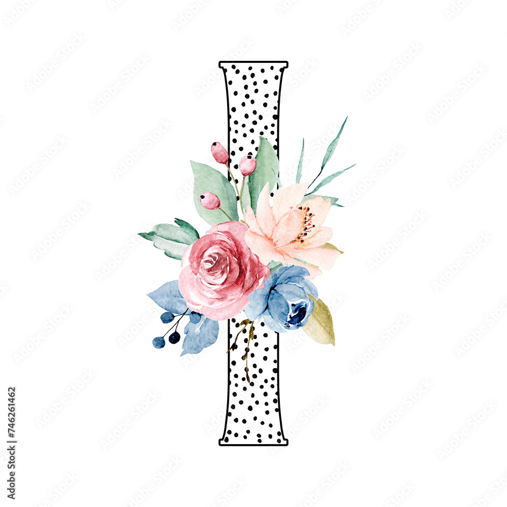 Monogram I, floral letter with watercolor flowers and leaves. Alphabet ...