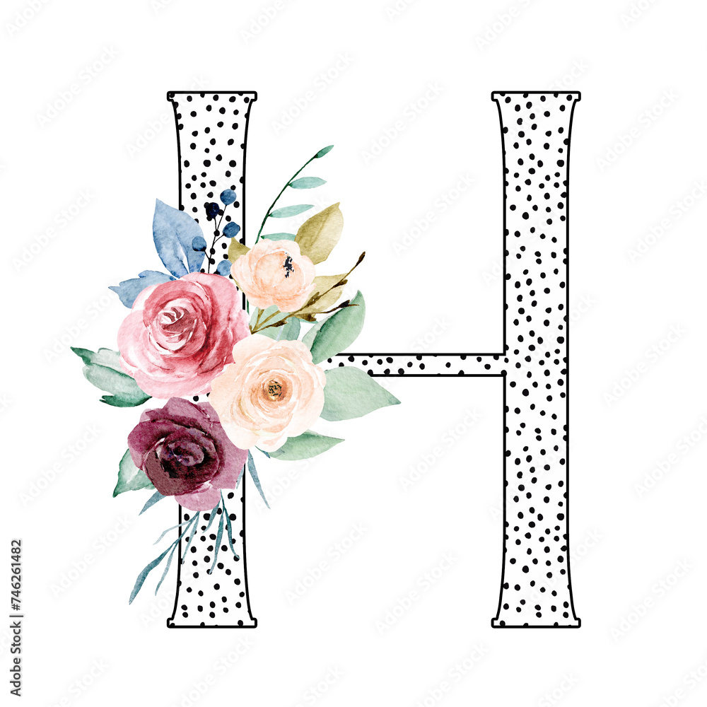 Monogram H, floral letter with watercolor flowers and leaves. Alphabet ...