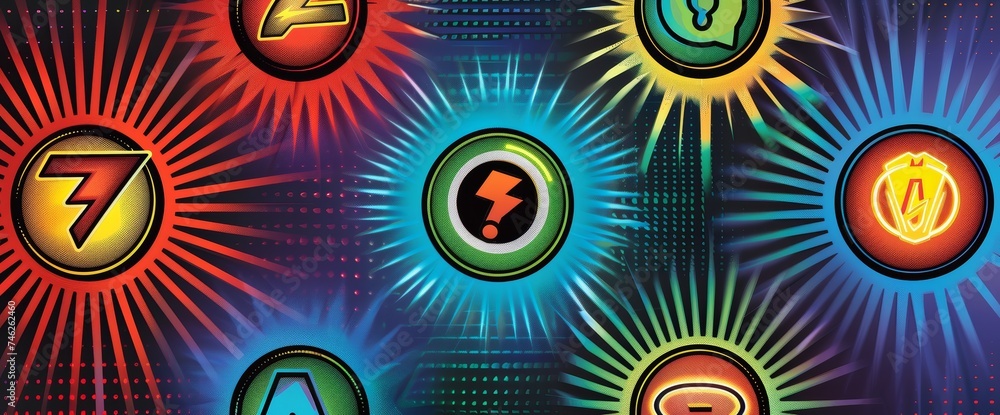 Visual alert system icons flashing in pop art sequence attention ...