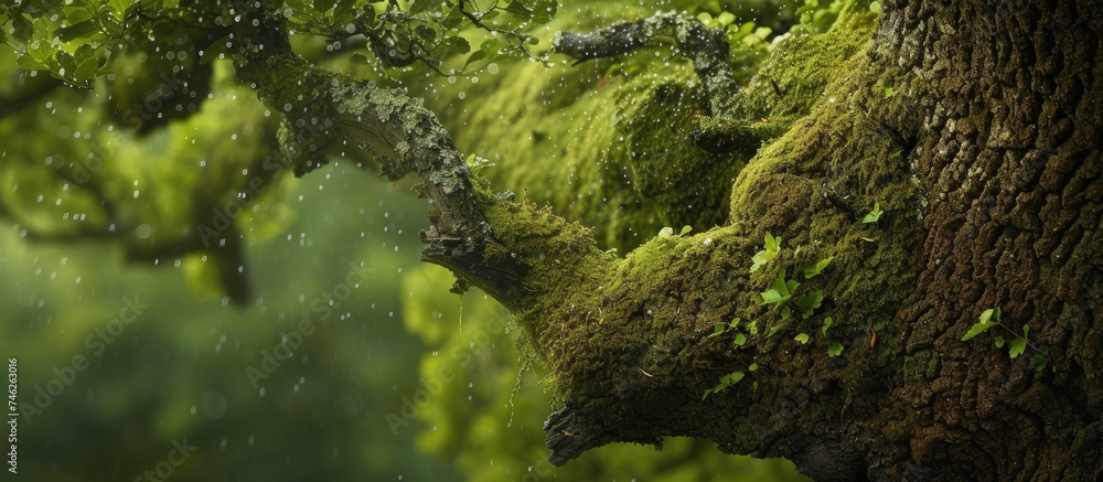 A tree covered in moss is enhanced by the falling raindrops, creating a ...