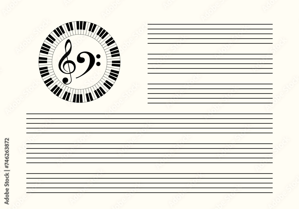 Musical notes blank sheet with round piano keyboard frame in black and ...