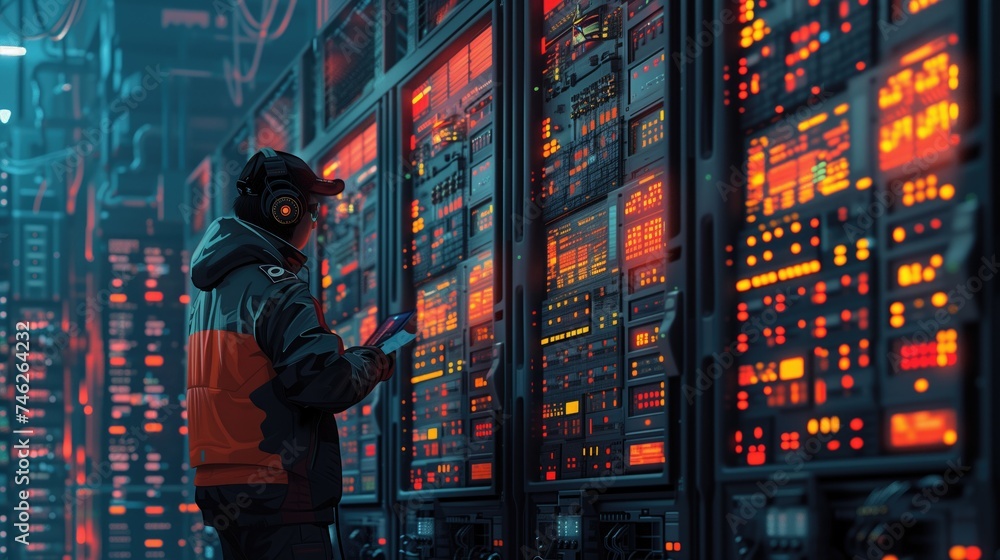 Data Center Management: filled with rows of towering server racks, each ...