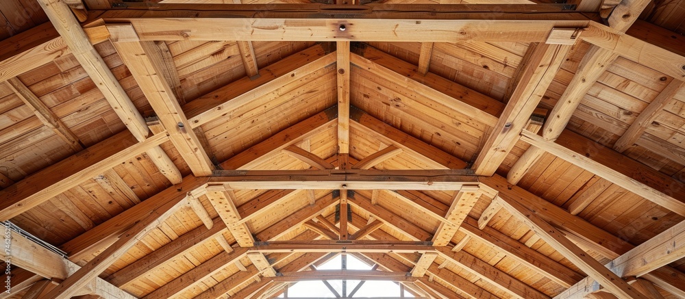This photo captures the interior of a wooden building featuring a ...