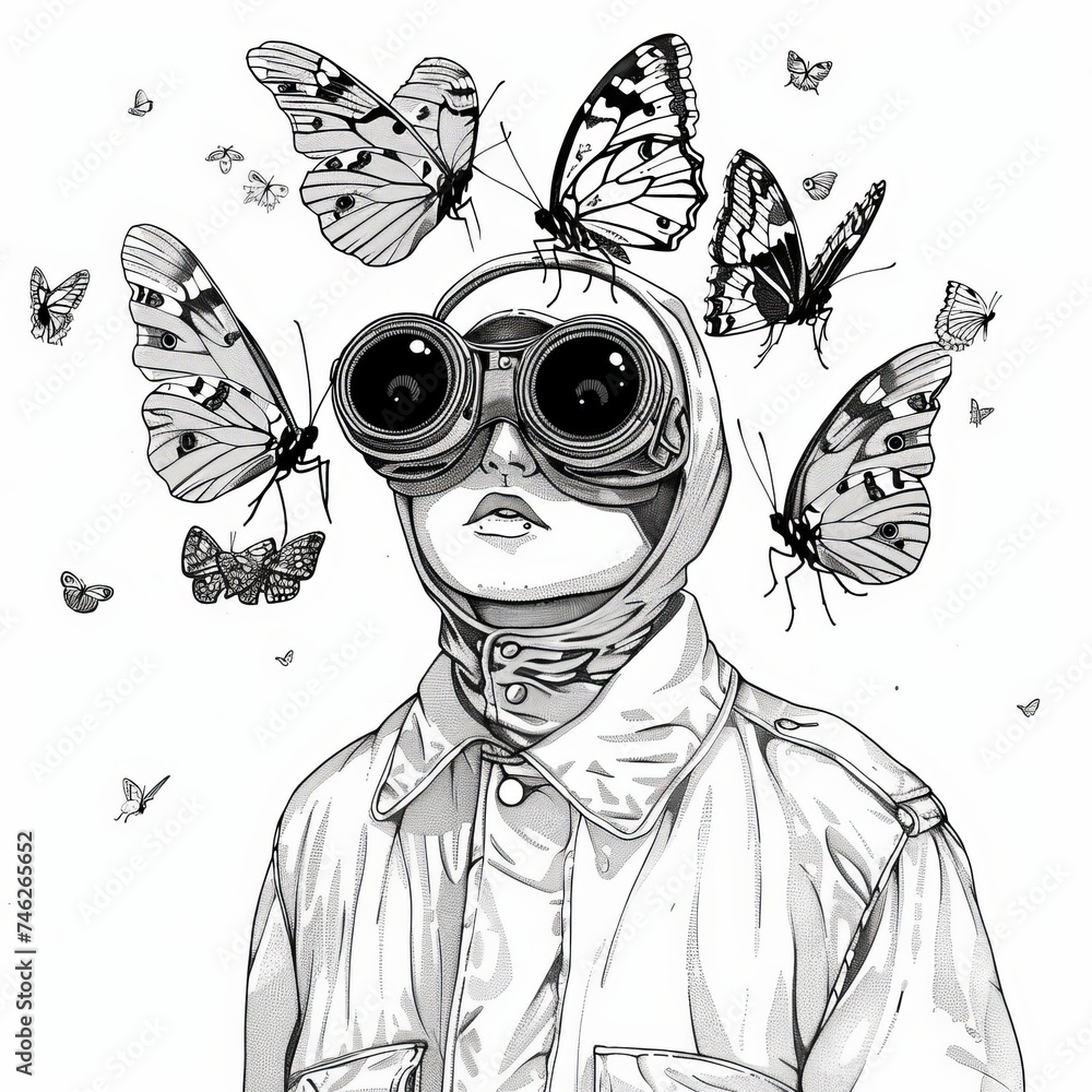 Butterfly straightjacket, illustration hand drawn surreal, simple art ...