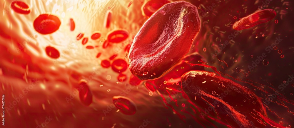 Red blood cells are suspended in water against a black background ...