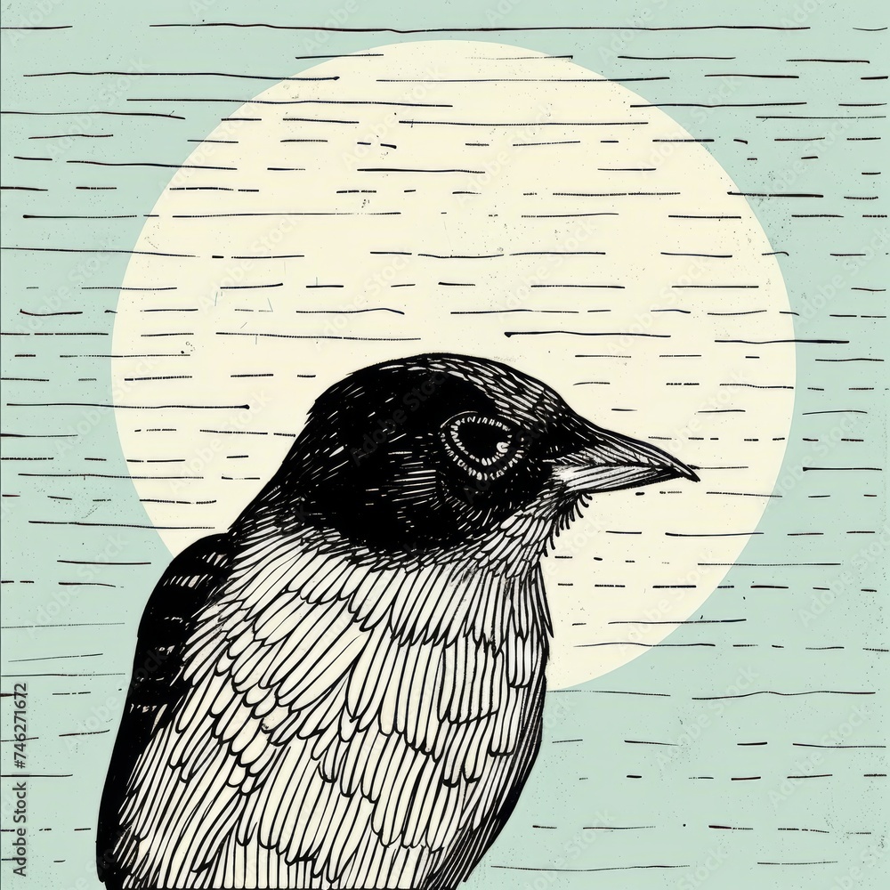 Illustration of Bird, Finch Sketch, Japanese Style, Black and White ...