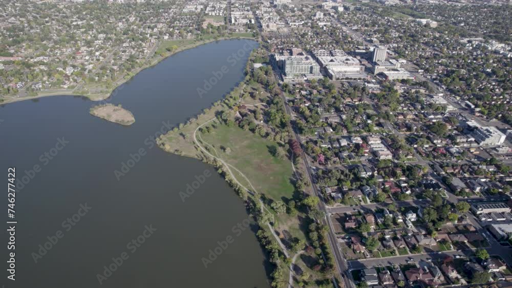 A 4K high-flying drone shot of Sloan’s Lake, the biggest lake in the ...