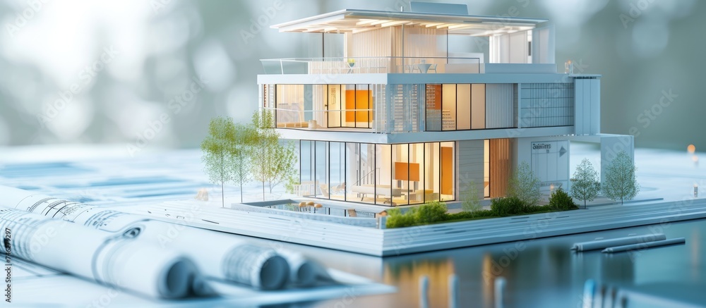 A detailed sustainable building model is showcased on top of a table ...