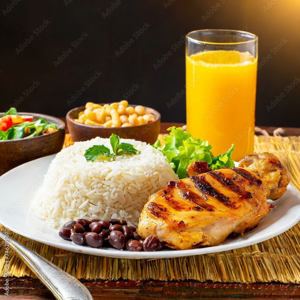 Prato com filé de peito de frango, arroz branco cozido, feijão, batata ...