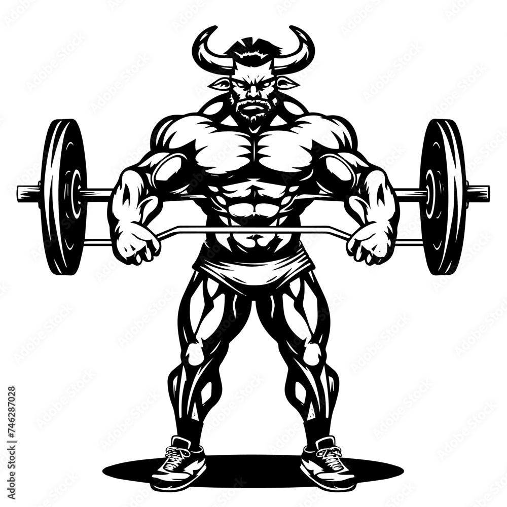 Muscular bull man bodybuilder holding a large barbell with big weights ...
