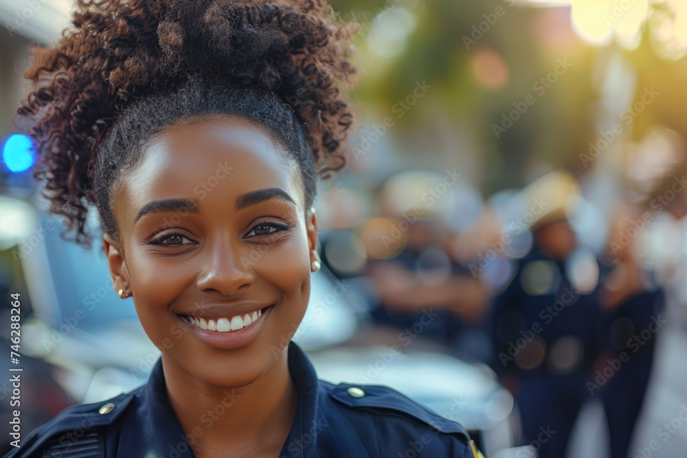 Afro woman wearing police officer uniform, patrol car background Stock ...