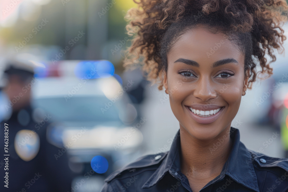 Afro woman wearing police officer uniform, patrol car background Stock ...