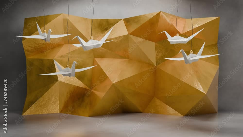 Origami Birds Animation. Gold textured wall as a background. Mockup ...