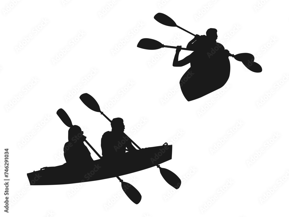 Kayaking silhouettes vector set icon. Canoe trails and rafting club ...