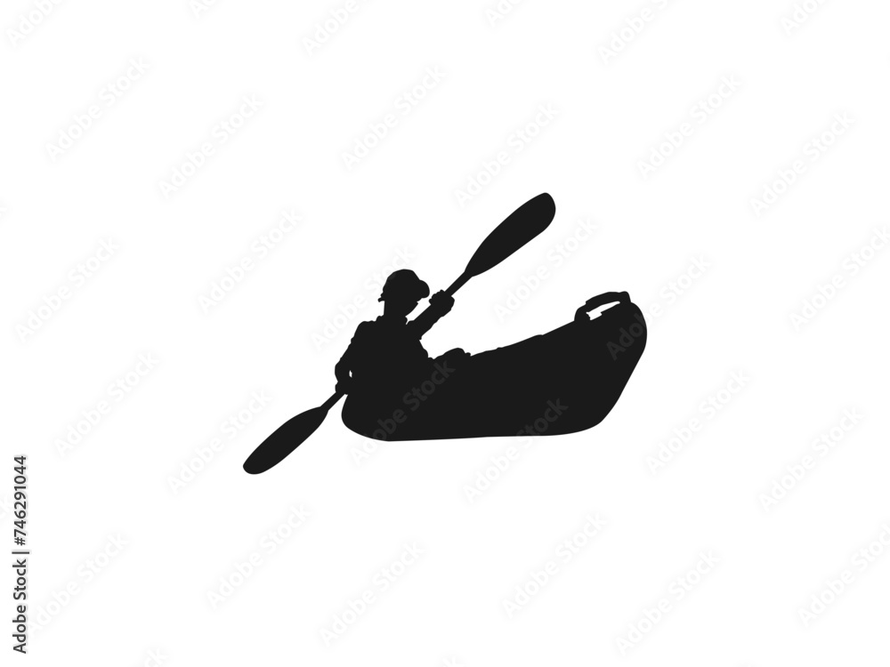 Kayaking silhouettes icon. Canoe trails and rafting club emblem with ...