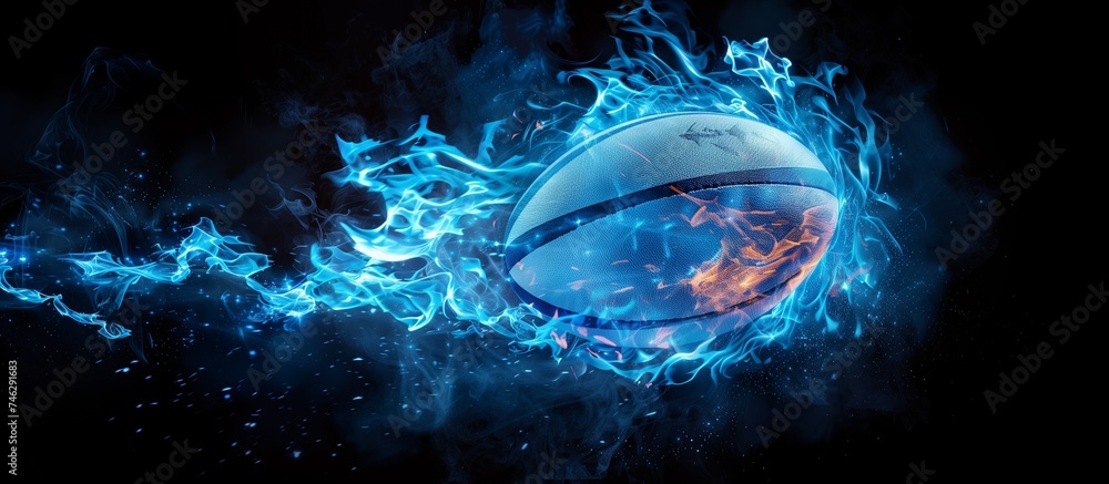 Dynamic rugby action. Illustration of a rugby ball enshrouded in blue ...