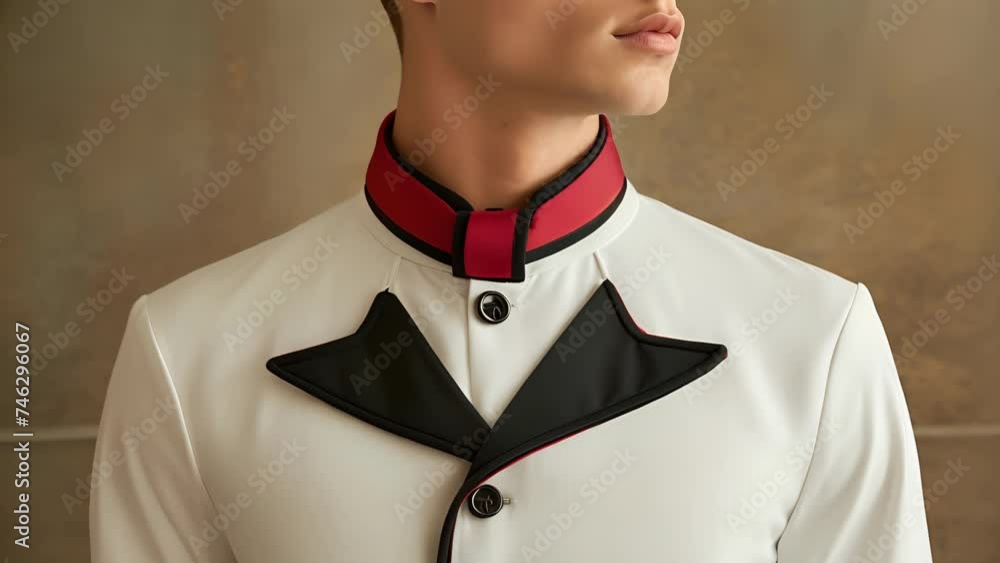 A crisp white shirt with black piping and a red neck scarf evoking ...