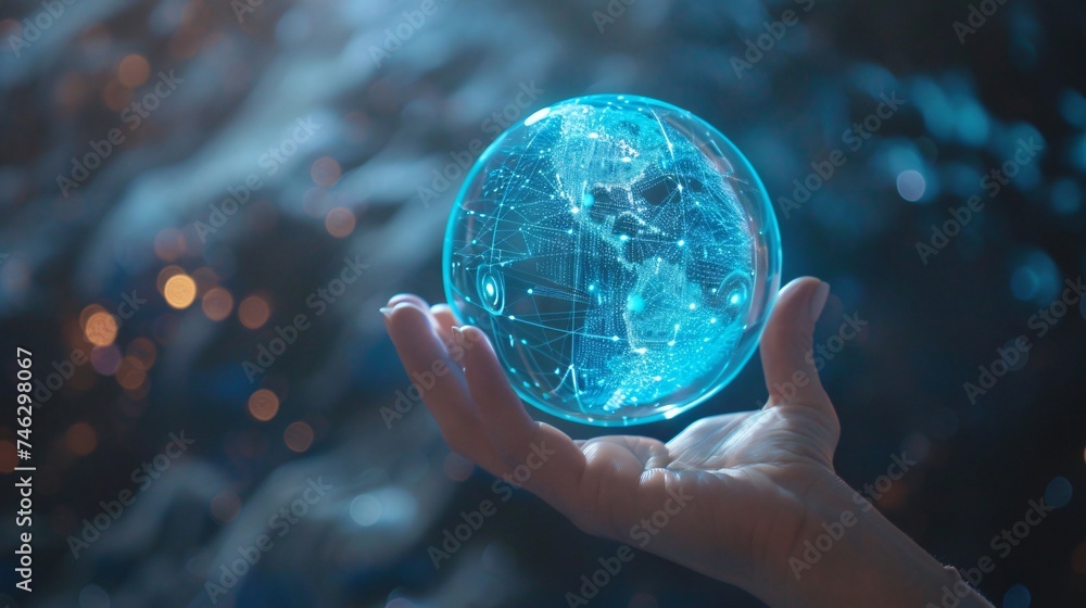 A hand holding a transparent globe continents and oceans highlighted ...