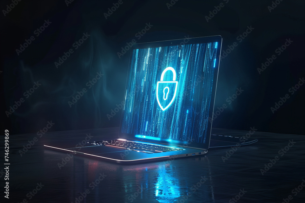 Title: Futuristic Cybersecurity Laptop with Glowing Padlock on Screen ...