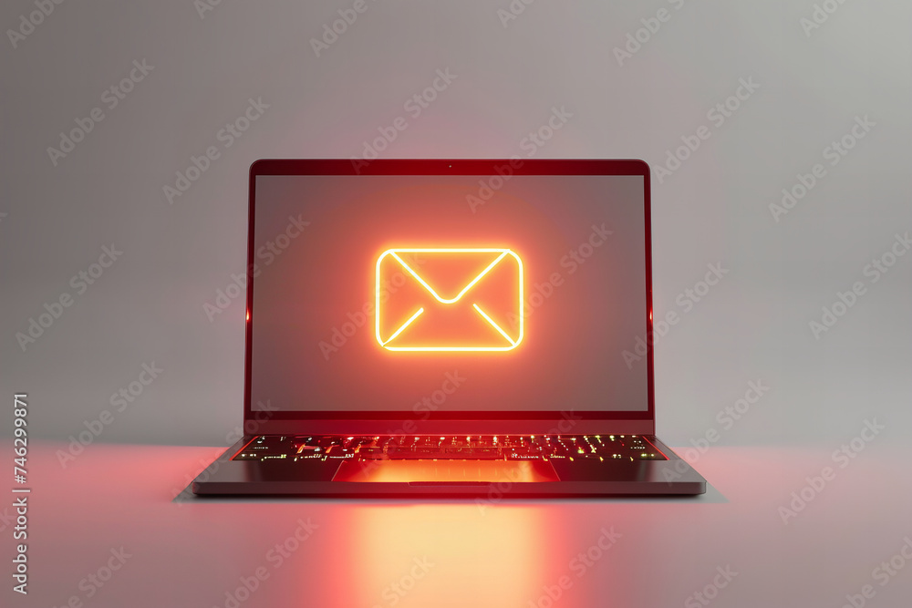 Title: Neon Glow Email Icon Shines On Modern Laptop Screen..Background ...