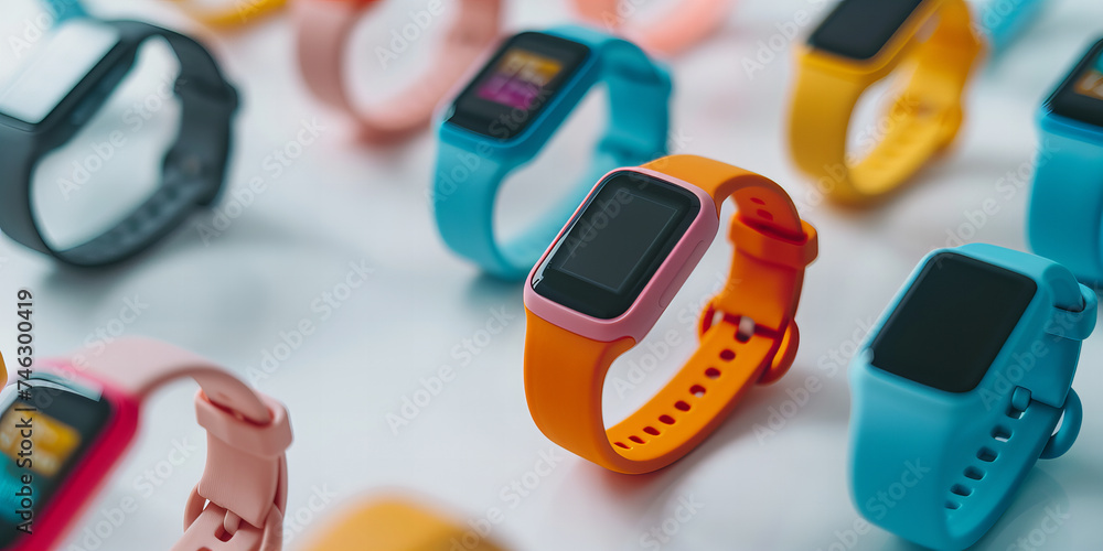 Title: Colorful Collection of Smart Fitness Watches on Display Banner ...