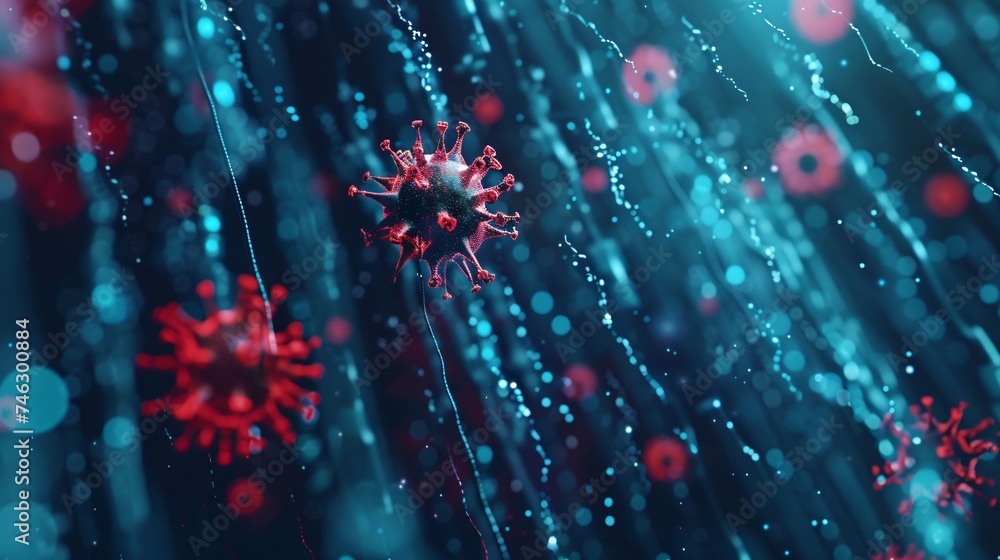 Binary code flowing in blue streams intercepted by aggressive red virus ...