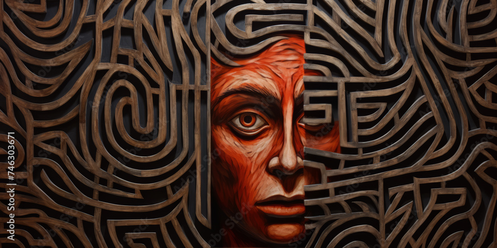 A painting of a woman's face in a maze, a tortured face made of wood ...