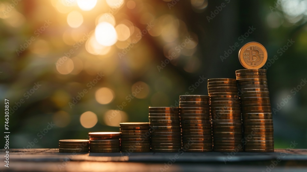 Stack of coins gradually increasing in height each layer transitioning ...