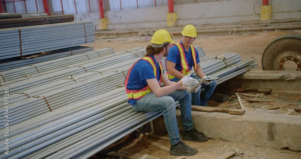 Two builders Construction workers in safety gear sit on steel rods ...