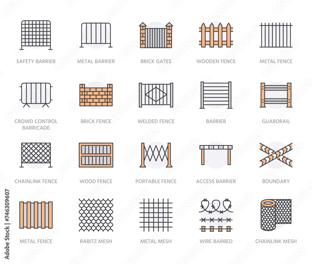 Fence flat line icons set. Wood fencing, metal profiled sheet, wire ...