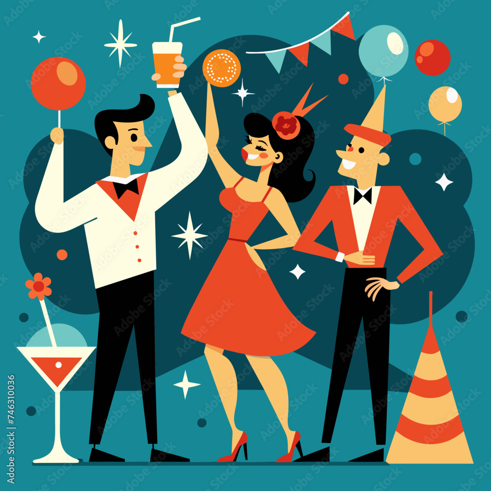 Retro-inspired illustrations of party scenes. vektor illustation Stock ...