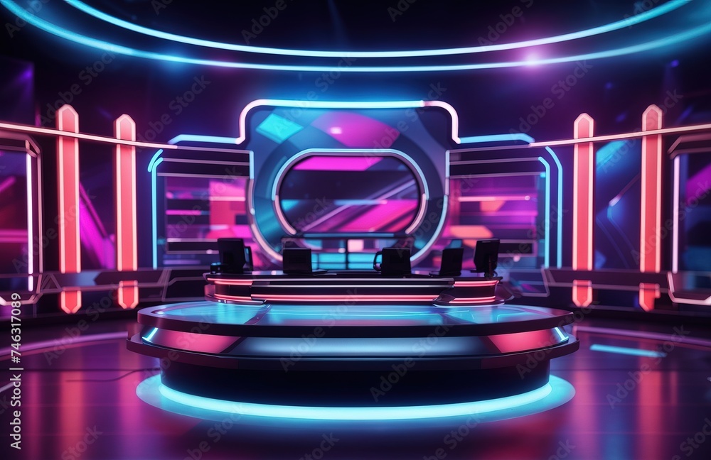 Modern tv game show studio set glowing with neon lights and futuristic ...