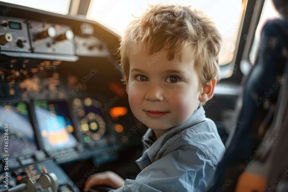 portrait of a little boy in the pilot's seat on the plane. The boy is ...