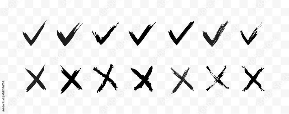 Check mark icon set with editable strokes. Accepted, rejected, approved ...