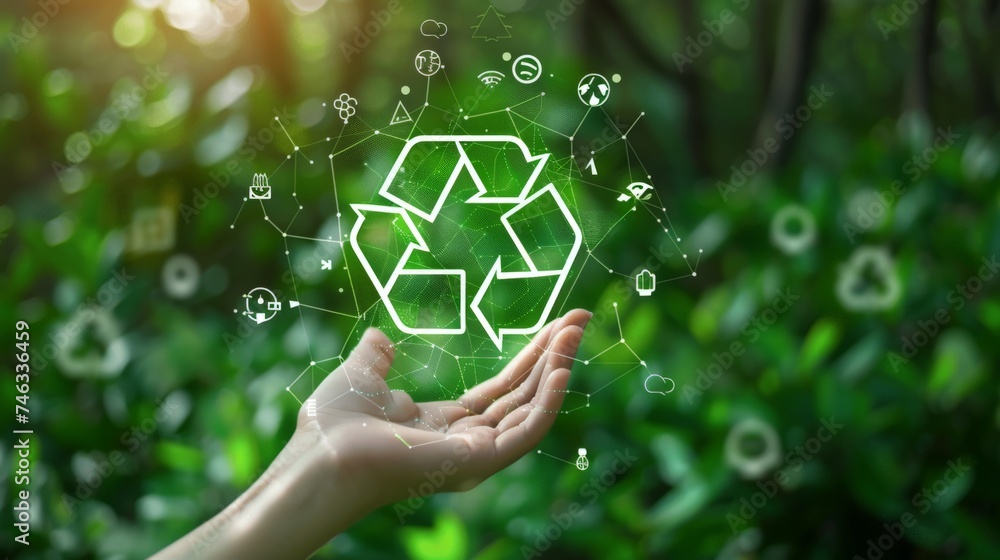 Recycling symbol and Environmental recycle reduce reuse, Hand of human ...