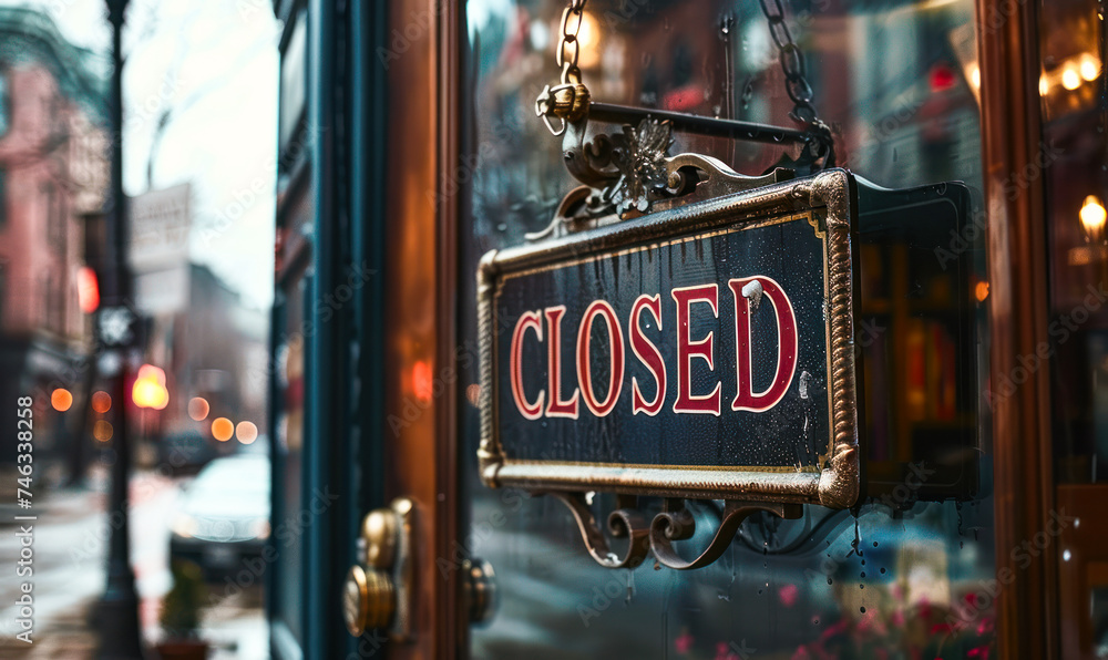Elegant CLOSED sign hanging on the door of a shop, reflecting the end ...