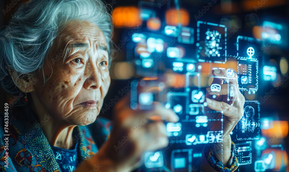 Elderly Asian woman engaging with futuristic technology, surrounded by ...