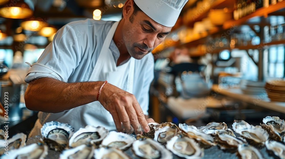 Chef with a white hat shucking oysters at a seafood bar. Generative AI ...