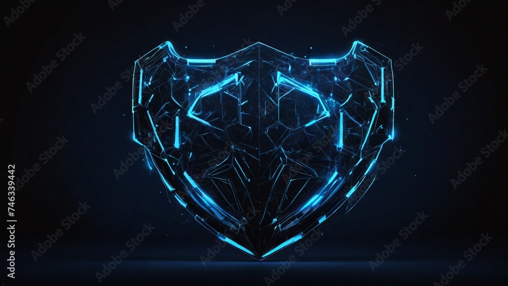 Futuristic 3d security shield made of linear polygons with neon lights ...