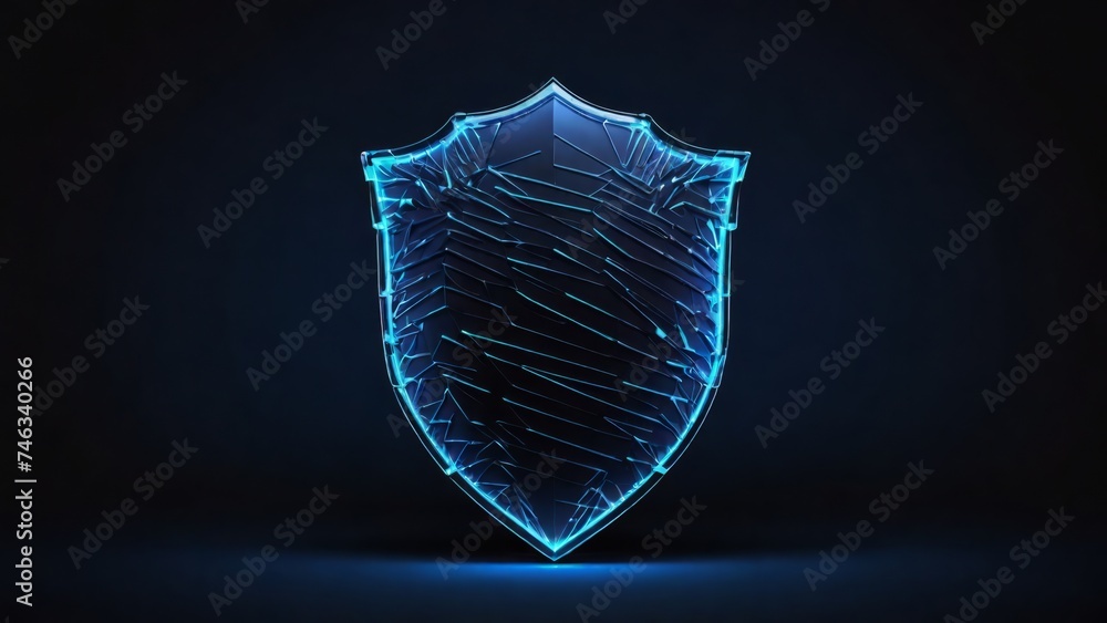 Futuristic 3d security shield made of linear polygons with neon lights ...