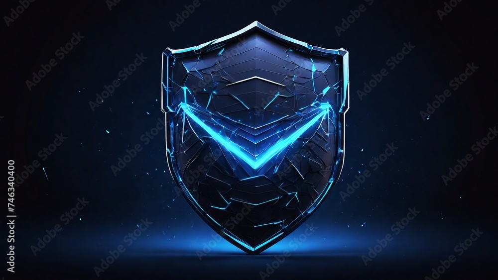 Futuristic 3d security shield made of linear polygons with neon lights ...