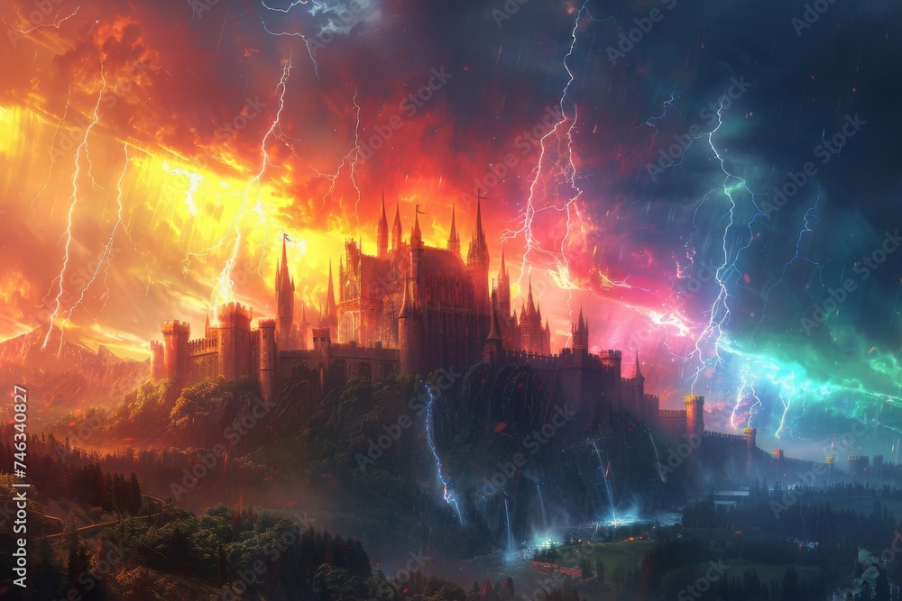 Fantasy castle under a lightning siege, with a protective rainbow ...