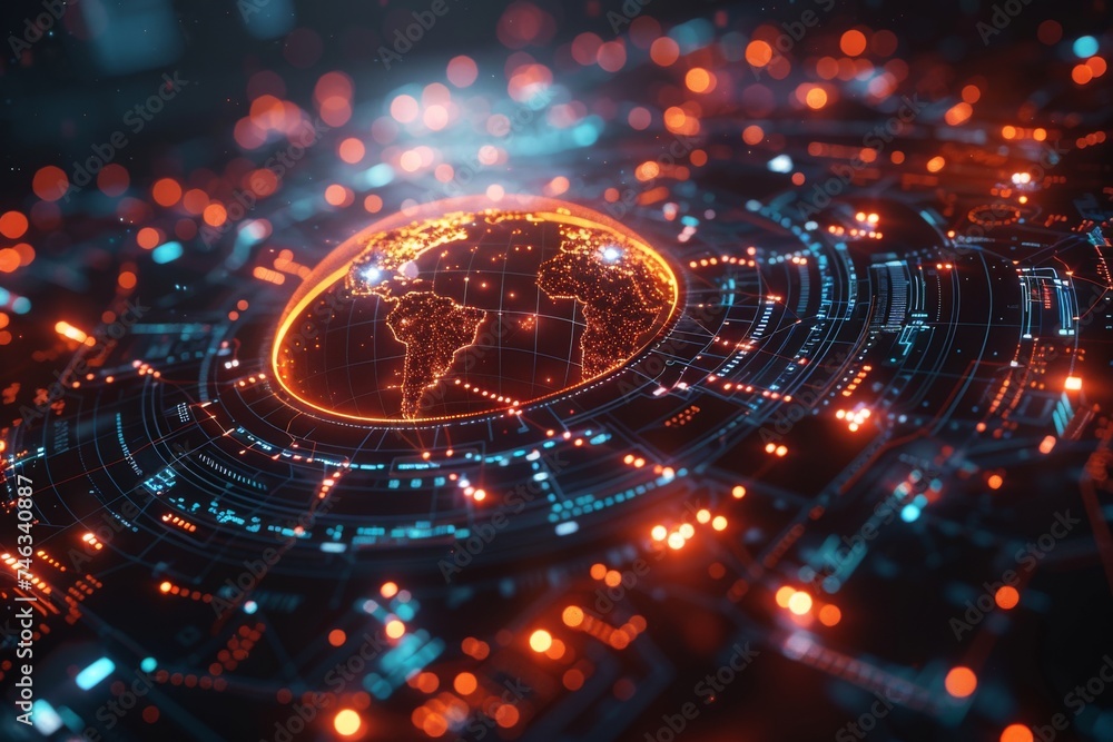 Futuristic visualization of earths connectivity grid, a complex mesh of data lines and nodes ...