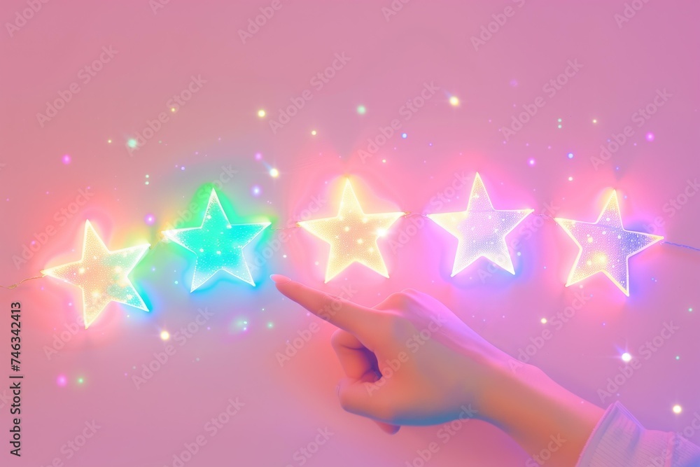 digital stars shining with a finger pointing to stars on a pastel pink ...